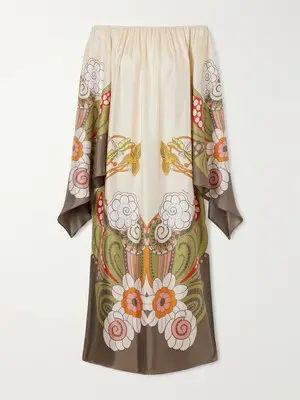 La DoubleJ Goddess Printed Off-the-shoulder Silk-twill Midi Dress - Neutrals