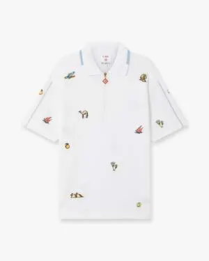 Casablanca White Icon Quarter Zip Embroidered Short Sleeve Polo Shirt - Light Blue