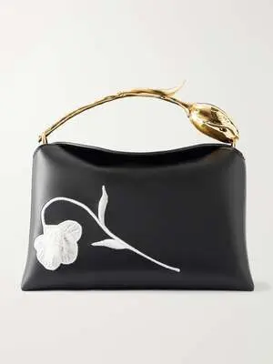 Erdem Bloom Medium Floral-embroidered Leather Clutch - Black