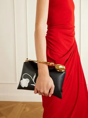 Erdem Medium Floral-embroidered Leather Clutch With Gold-tone Hoop Handle