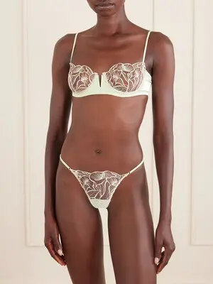 Kiki De Montparnasse Calla Lily Floral-embroidered Mesh Thong - Green