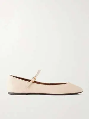 HERBERT LEVINE Textured Leather Ballet Flats With Buckled Ankle Strap - Cream