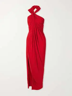 Balmain Draped Halterneck Jersey Maxi Dress - Red
