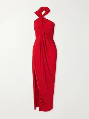 Balmain Draped Halterneck Jersey Maxi Dress - Red