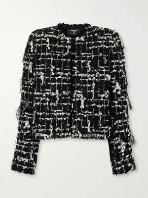 Balmain Cropped Embellished Metallic Tweed Jacket - Black