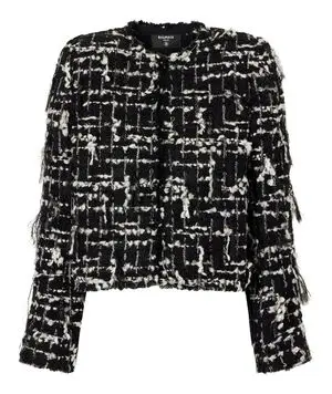 Balmain Cropped Embellished Metallic Tweed Jacket - Black
