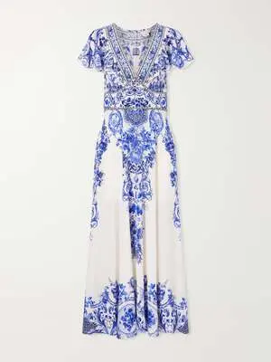 Camilla Embellished Printed Ruffled Silk-crepe Midi Dress - Blue