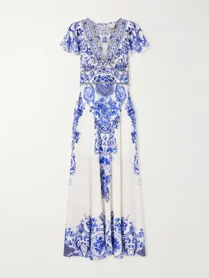 Camilla Embellished Printed Ruffled Silk-crepe Midi Dress - Blue