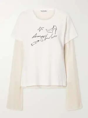 Acne Studios Evina Layered Logo-printed Mesh-trimmed Cotton And Hemp-blend T-shirt - Off-white
