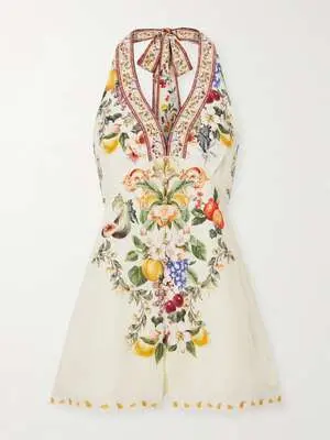 Camilla Embellished Floral-print Linen Playsuit - Cream