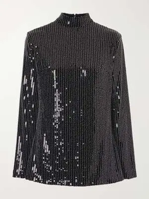 DIMA AYAD Studded Sequin-trimmed Jersey Blouse - Black