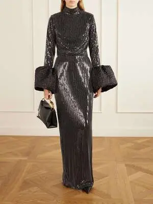DIMA AYAD Studded Sequin-trimmed Jersey Blouse