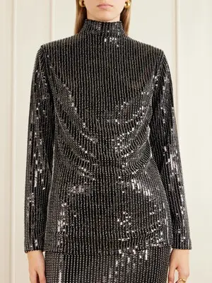 DIMA AYAD Studded Sequin-trimmed Jersey Blouse