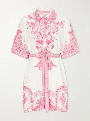 Camilla Embellished Floral Print Linen Mini Dress - Pink
