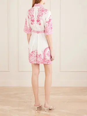 Camilla Linen Mini Shirt Dress With Baroque Floral Print And Embellishments