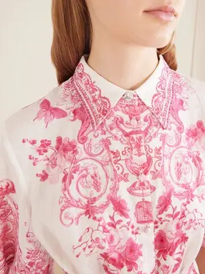 Camilla Linen Mini Shirt Dress With Baroque Floral Print And Embellishments