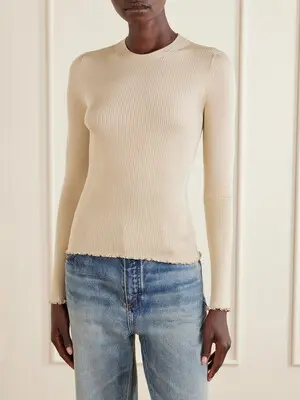 Alaïa Ribbed Silk-blend Top With Lettuce Hem - Neutrals