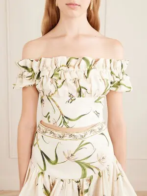 Agua Bendita Pimienta Azucar Cropped Floral Linen Top - Neutrals