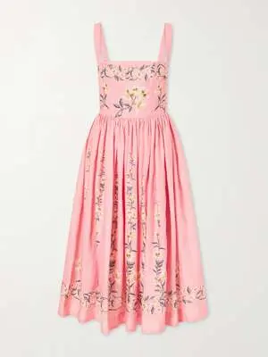 Agua Bendita Mielero Promesa Bead-embellished Floral-print Linen Midi Dress - Pink