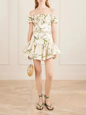 Agua Bendita Jacarina Ruffled Floral-print Linen Mini Skirt