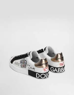 Dolce & Gabbana Portofino Sneakers In Printed Nappa Calfskin With Embellished Crown