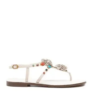 TWINSET Embellished Floral T-strap Flat Sandals - White