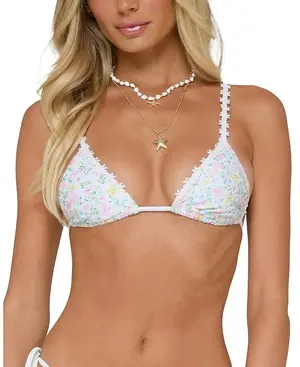 EDIKTED Catey Floral Triangle Bikini Top - White