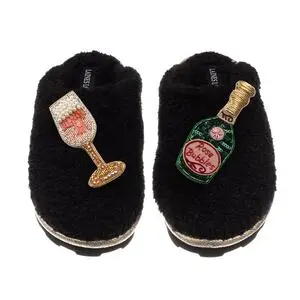 LAINES LONDON Teddy Closed Toe Slippers With Pink Champagne & Glass Brooches - Black