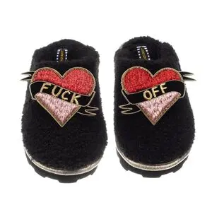 LAINES LONDON Teddy Closed Toe Slippers With Fuck Off Brooches - Black