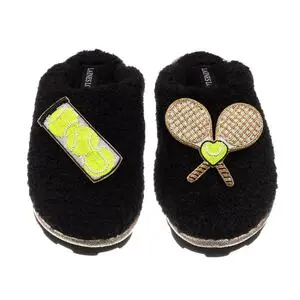LAINES LONDON Teddy Closed Toe Slippers With Tennis Lover Brooches - Black