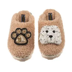 LAINES LONDON Teddy Towelling Slippers With Queenie Bichon Frise & Paw Brooch - Brown