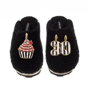 LAINES LONDON Teddy Towelling Closed Toe Slippers With Brooch Embellishments - Black