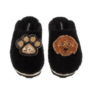 LAINES LONDON Teddy Closed Toe Slippers With Paw & Apricot Cockapoo Brooches - Black