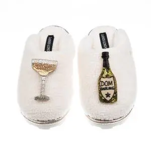 LAINES LONDON Neutrals / Teddy Closed Toe Slippers With Dom Darling Champagne Brooches Cream - White