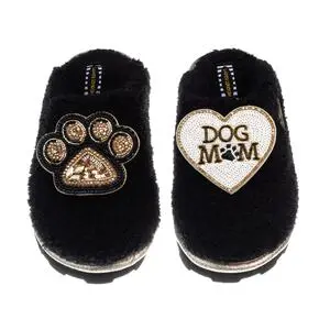 LAINES LONDON Laines London Teddy Towelling Closed Toe Slippers With Dog Mum & Paw Brooches Black