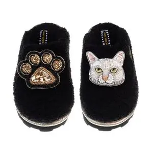 LAINES LONDON Teddy Towelling Slippers With Embellished Cat And Paw Brooches - Black