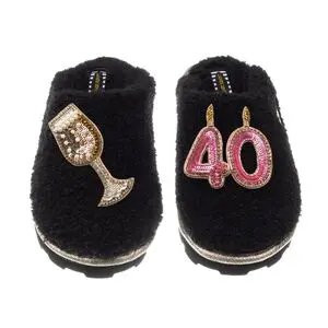 LAINES LONDON Teddy Towelling Closed Toe Slippers With Champagne Glass And "40" Brooches - Black