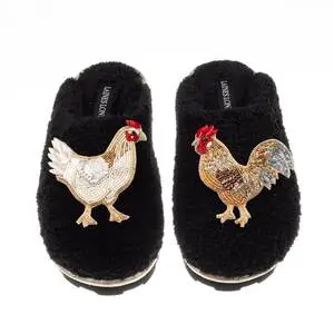 LAINES LONDON Teddy Closed Toe Slippers With Chicken & Rooster Brooches