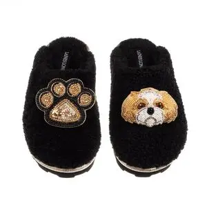 LAINES LONDON Teddy Towelling Closed Toe Slippers With Paw And Shih Tzu Brooches - Black