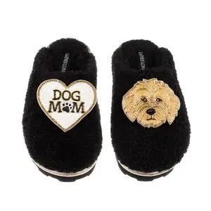LAINES LONDON Teddy Closed Toe Slippers With Dog Mum / Mom & Golden Cockapoo Brooches - Black