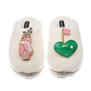 LAINES LONDON Teddy Closed Toe Slippers With Golf Lover Brooches Cream - White