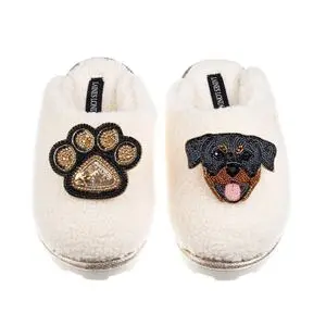 LAINES LONDON Embroidered Rottweiler And Paw Slipper - White