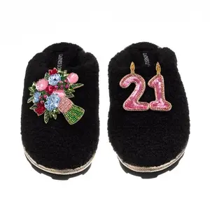 LAINES LONDON Teddy Closed Toe Slippers With Floral And "21" Brooch Embellishments - Black