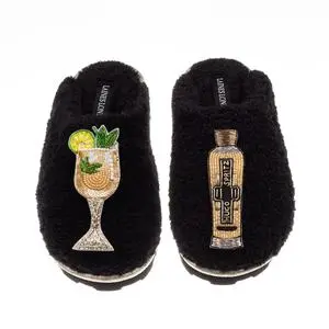 LAINES LONDON Teddy Closed Toe Slippers With Hugo Spritz Brooches - Black