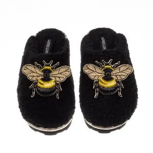 LAINES LONDON Teddy Closed Toe Slippers With Double Honeybee Brooches - Black