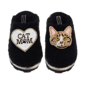 LAINES LONDON Teddy Towelling Closed Toe Slippers With Cat Brooches - Black