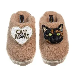 LAINES LONDON Teddy Towelling Closed Toe Slippers With Cat Brooches - Brown