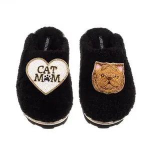 LAINES LONDON Teddy Closed Toe Slippers With Cat Mum & Ginger Persian Cat Brooches - Black