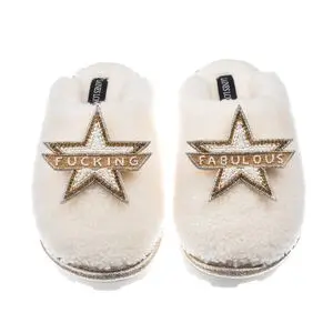LAINES LONDON Teddy Closed Toe Slippers With Fucking Fabulous Brooches Cream - White