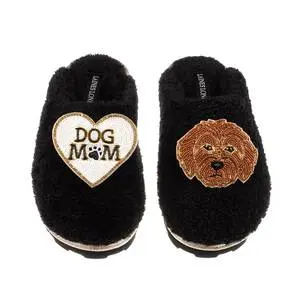 LAINES LONDON Teddy Closed Toe Slippers With Dog Mum / Mom & Apricot Cockapoo Brooches - Black